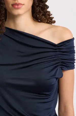 BOSS Asymmetrical Ruched Off-the-shoulder Jersey Top - Sky Captain