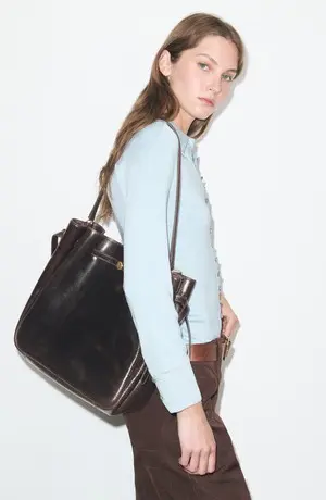 Tory Burch Romy Distressed Leather Bucket Bag - Dark Brown
