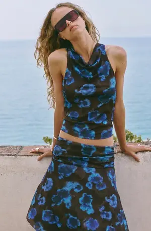 Mango Asymmetrical Printed Mesh Skirt