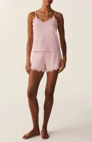 PETITE PLUME Pima Cotton Lace Trim Camisole Pajamas - Pink