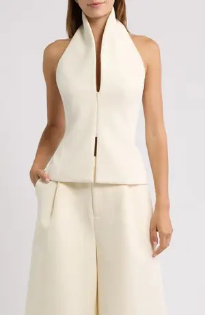 Oddmuse Halter Neck Zip-up Top With Shawl Collar