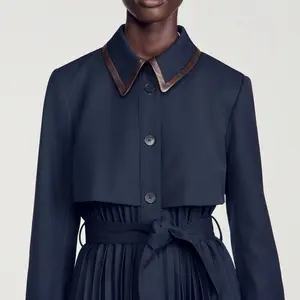 Sandro Trench With Pleated Leather Collar
