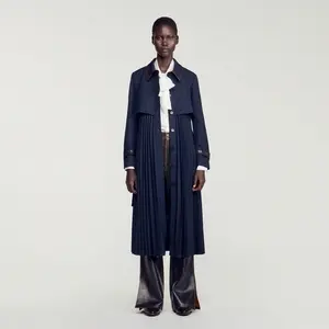 Sandro Trench Coat With Pleated Leather Collar - Navy Blue