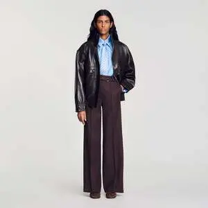 Sandro Straight-leg Wool Trousers With Branded Metal Ring Belt - Light Brown