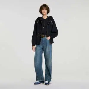 Sandro Hooded Wool Coat With Leather Details - Navy Blue