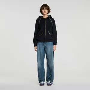 Sandro Hooded Wool Coat With Leather Details - Navy Blue