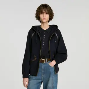 Sandro Hooded Wool Coat With Leather Details - Navy Blue