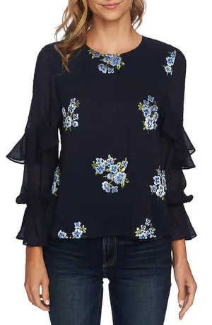 CECE DUPRAZ Embroidered Ruffle Top - Caviar