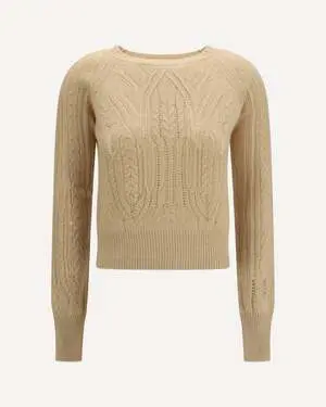 Ermanno Scervino Long Sleeve Cable Knit And Openwork Cashmere Sweater - Beige