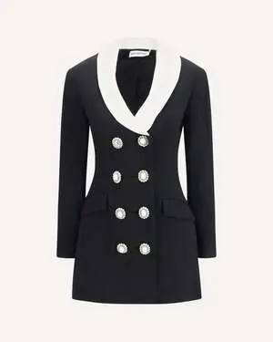 SELF-PORTRAIT Long Double-breasted Blazer With Contrast Neckline - Black