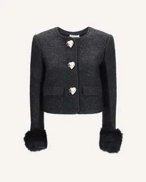 SELF-PORTRAIT Metallic Bouclé Jacket With Faux Fur Cuffs - Black