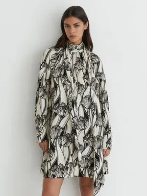 REISS Alwen Floral-print Tie-neck Swing Mini Dress