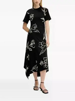 Desigual Floral Gathered Asymmetric-hem Midi Dress - Black