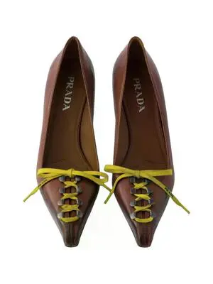 Prada Antiqued Leather Pumps With Lace Detailing - Brown