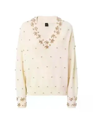 Pinko Crystal-embellished V-neck Sweater - Neutrals