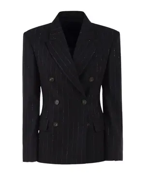Brunello Cucinelli Double-breasted Pinstripe Blazer With Sequins - Black