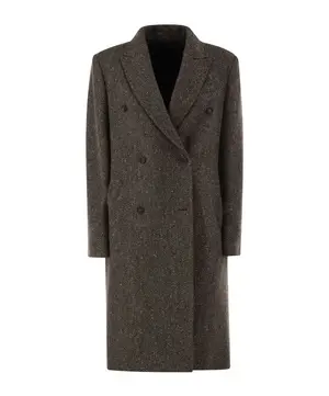Brunello Cucinelli Double-breasted Herringbone Tweed Coat With Sequins - Black