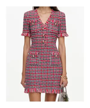 SELF-PORTRAIT Check Frayed Knit Mini Dress