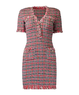 SELF-PORTRAIT Frayed Check Mini Dress With Button Detailing - Red