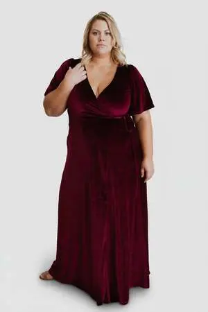 XH TEXTILES Meghan Velvet Wrap Maxi Dress - Mulberry