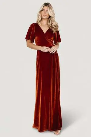 XH TEXTILES Meghan Velvet Wrap Maxi Dress - Rust