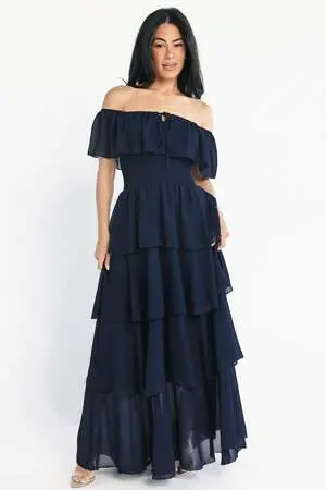 XH TEXTILES Carina Off Shoulder Maxi Dress - Navy