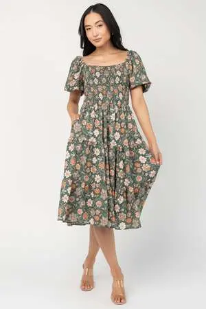 XH TEXTILES Mattea Smocked Midi Dress - Green Multi