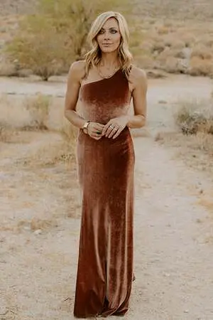 XH TEXTILES Tatiana Velvet One Shoulder Maxi Dress - Bronze