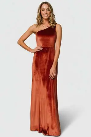XH TEXTILES Tatiana Velvet One-shoulder Maxi Dress - Cinnamon