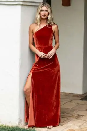 XH TEXTILES Tatiana Velvet One-shoulder Maxi Dress - Rust