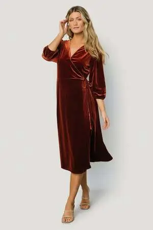 SKIES ARE BLUE Beckinsale Velvet Wrap Dress - Cinnamon