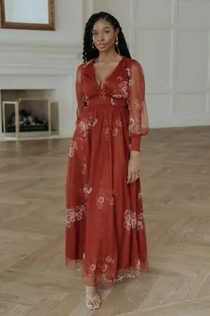 XH TEXTILES Layla Tulle Maxi Dress Rust Floral