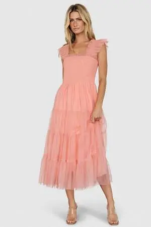 LISTICLE Emma Smocked Tulle Dress - Coral