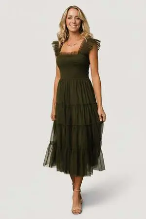 LISTICLE Emma Smocked Tulle Dress Dark Olive