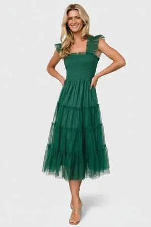 LISTICLE Emma Smocked Tulle Dress - Emerald