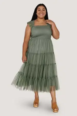 LISTICLE Emma Smocked Tulle Dress - Sage