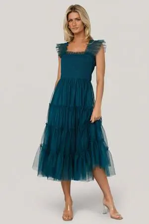 LISTICLE Emma Smocked Tulle Dress Teal