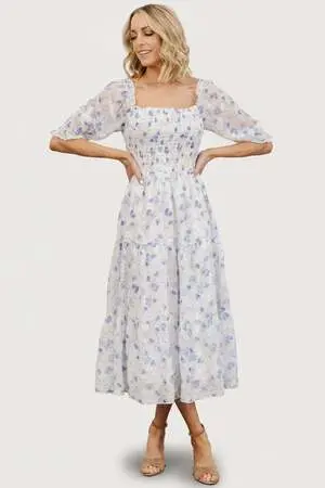 XH TEXTILES Fabian Jacquard Midi Dress - Blue Floral