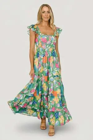 FLYING TOMATO Monte Tiered Maxi Dress - Green Multi