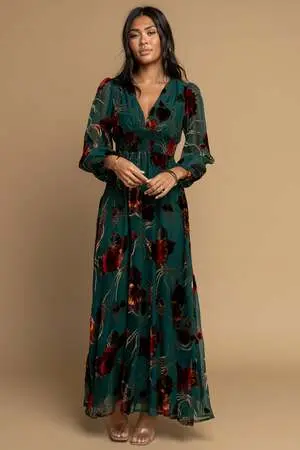 XH TEXTILES Mikla Burnout Velvet Maxi Dress - Jade Multi