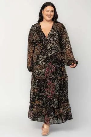 POLAGRAM Bowman Deep V Tiered Maxi Dress - Black Multi