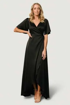 XH TEXTILES Vara Satin Maxi Wrap Dress - Black