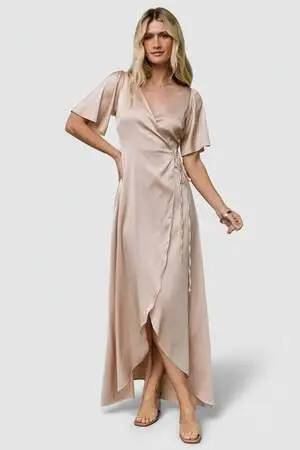 XH TEXTILES Vara Satin Maxi Wrap Dress - Champagne
