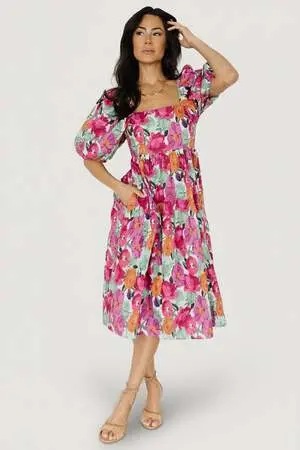 POLAGRAM Aimee Puff Sleeve Midi Dress - Pink Multi