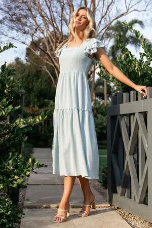 LISTICLE Jacie Smocked Midi Dress - Light Blue