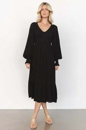 IN LOOM Lainey Smocked Dotted Midi Dress - Black