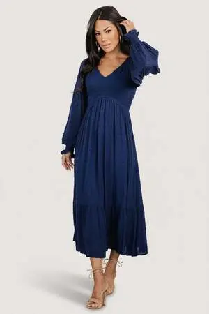 IN LOOM Lainey Smocked Dotted Midi Dress - Midnight Blue
