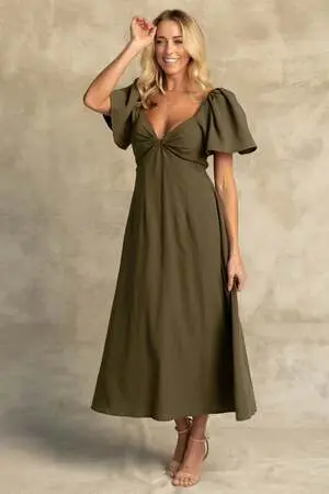 POLAGRAM Indie Back Tie Midi Dress With Sweetheart Neckline - Olive