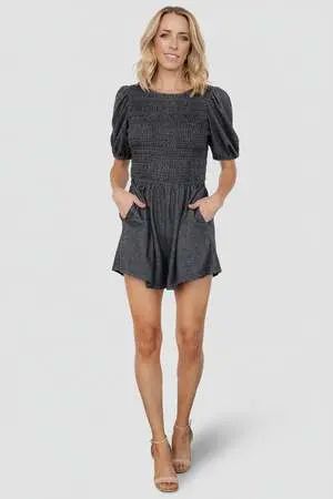 LISTICLE Beaumont Romper Smocked Bodice Jersey Knit - Heather Black