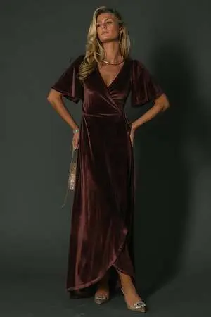 XH TEXTILES Katelyn Velvet Maxi Wrap Dress - Clove